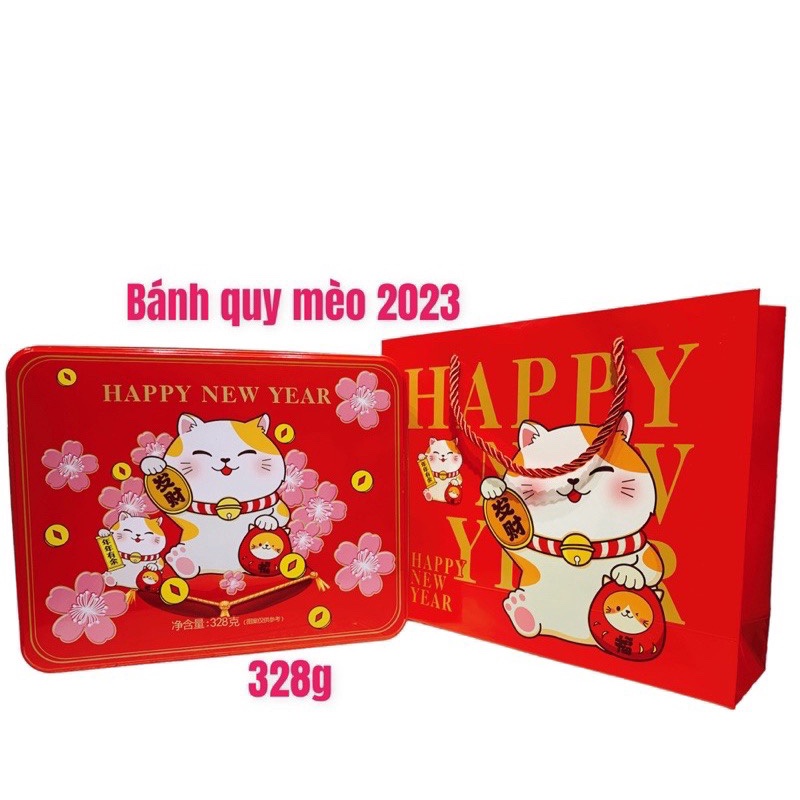 Happy new year Cat Square Tin Box Cookies 328gr (with free luxury bag ...