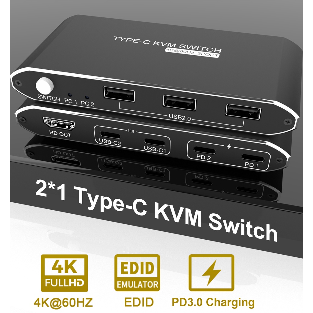 Type C KVM Switch 4K 60hz PD3.0 100W Power Delivery Quick Charge Option ...