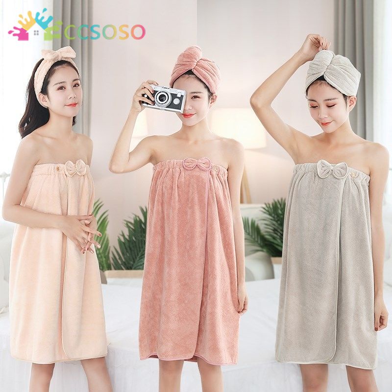 Microfiber Wearable Bath Towel With Pocket Absorbent Women Bathrobe Solid Color Sling Bath ...