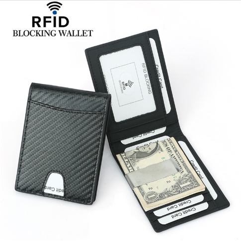 New Men's Carbon Fiber Texture Dollar Clip RFID Anti-theft Brush Wallet ...