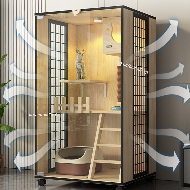 Solid Wood Cat Cage Villa Display Cabinet Large Cat House With Wheels ...