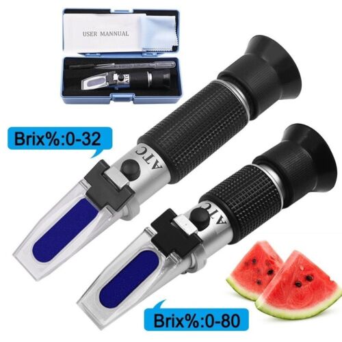Refractometer Sugar Tester Brix 0-32% 0-80% Handheld ATC Fruit Grapes ...