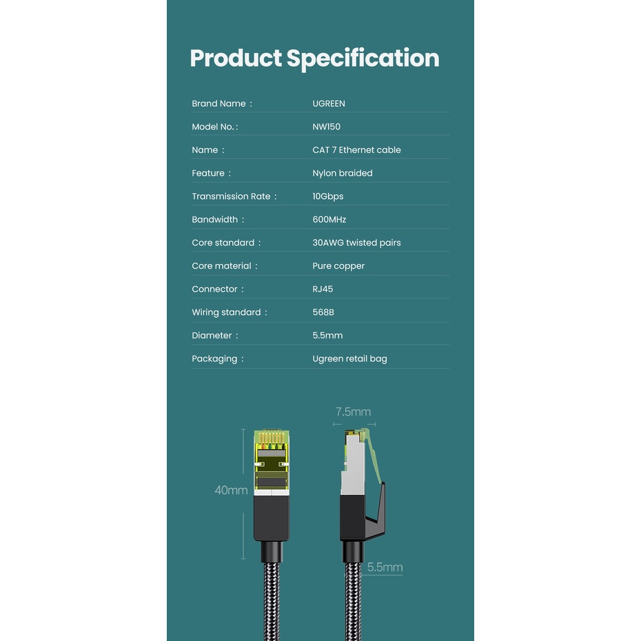 UGREEN CAT 7 10Gbps Cotton Braided Network Ethernet Cable Strong Nylon ...
