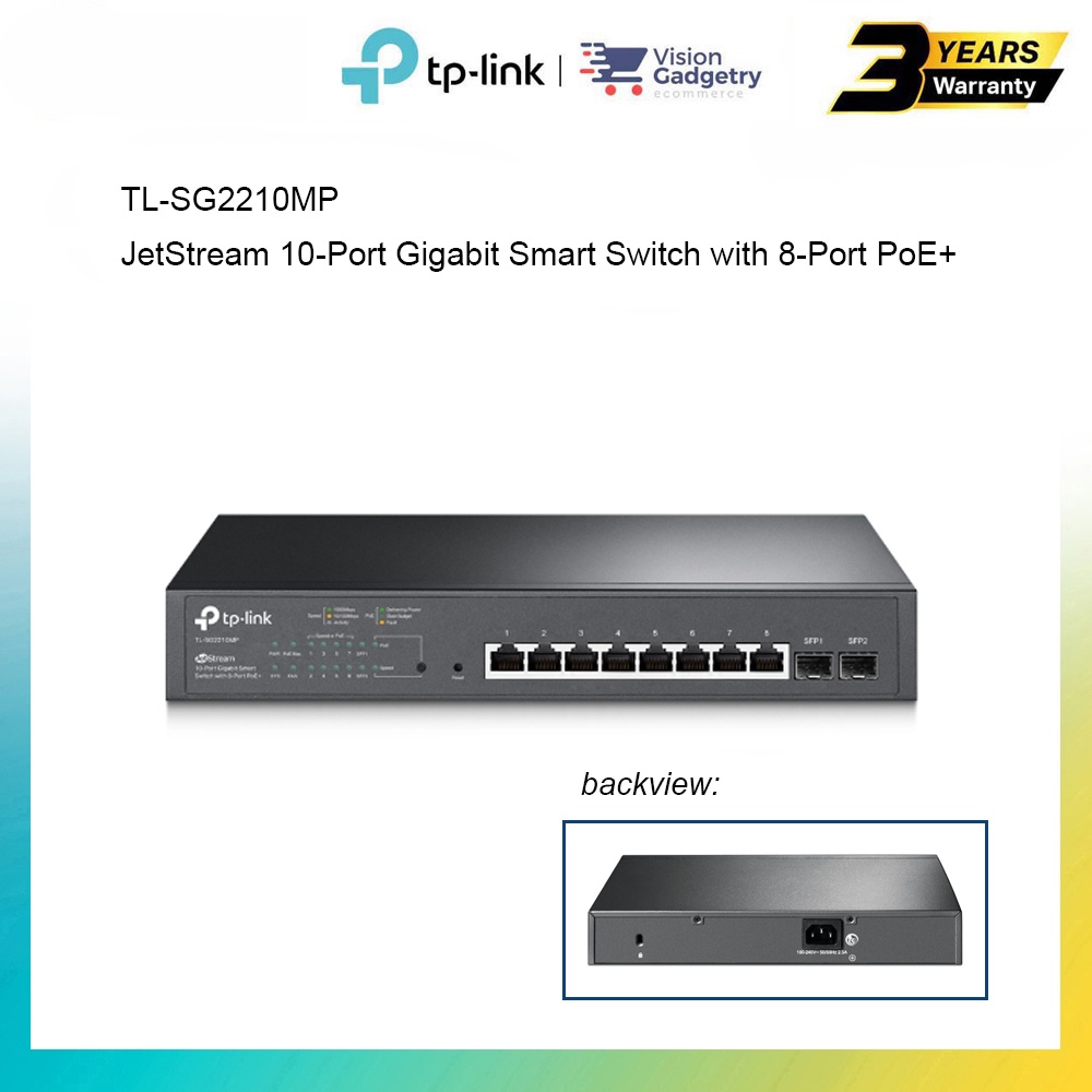 TP-Link TL-SG2210MP JetStream 10-Port Gigabit Smart Switch with 8-Port PoE+ PoE 2× Gigabit SFP ...