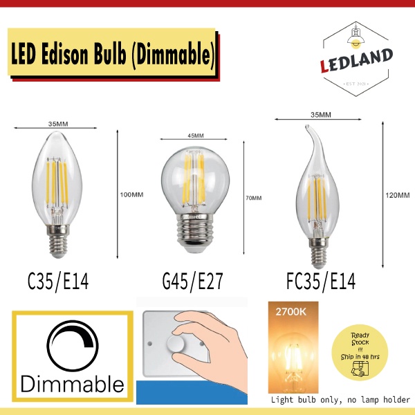 LEDLAND Dimmable LED Edison Energy Saving Light Bulb C35 FC35 G45 4w ...