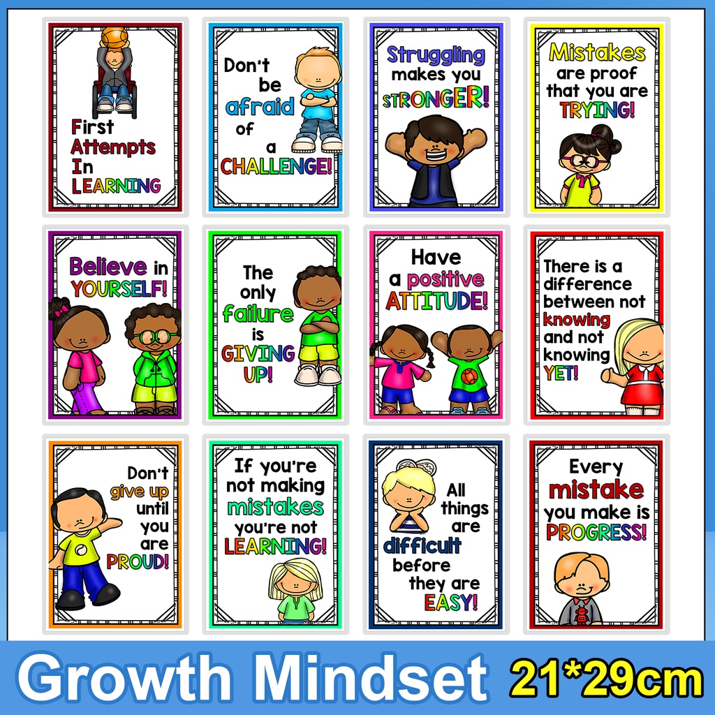 Kids Growth Mindset English Flash Cards Motivational A4 Educational ...