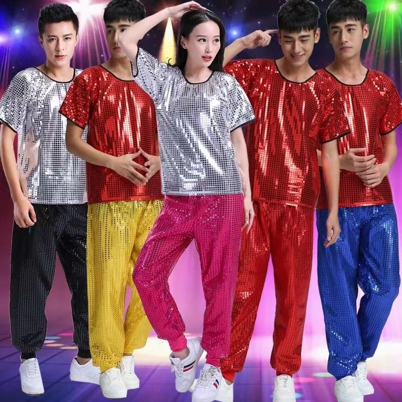 Golden shiny short sleeve T-shirts Silver bling bling Pants loose ...