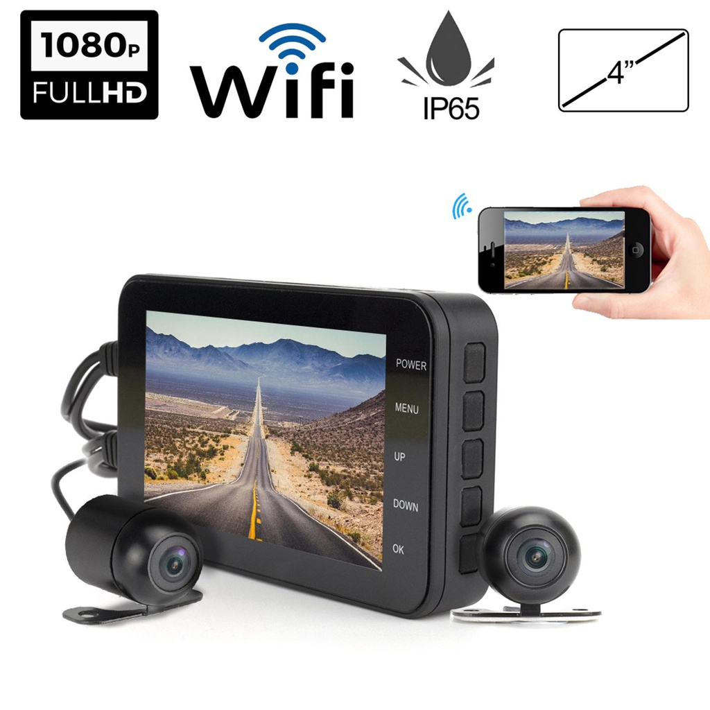 FHD 1080P Waterproof WiFi Camera 4" Motorcycle DVR Front Rear Dual ...