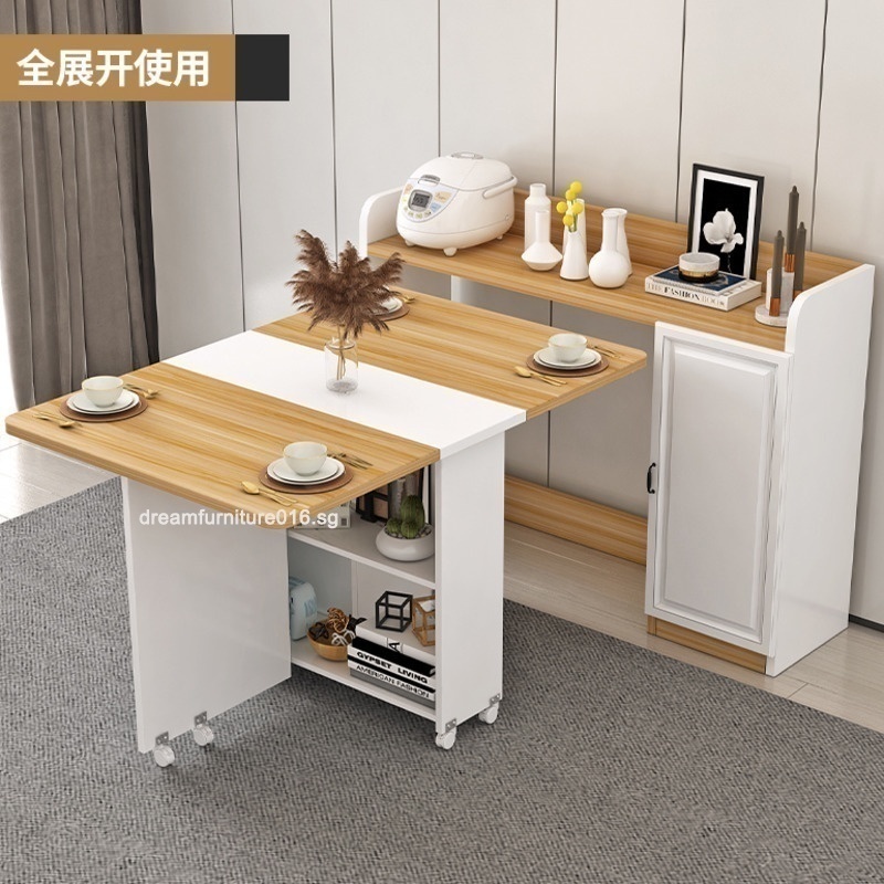 Folding Dining Table With Side Cabinet Multifactional Table With Wheels ...
