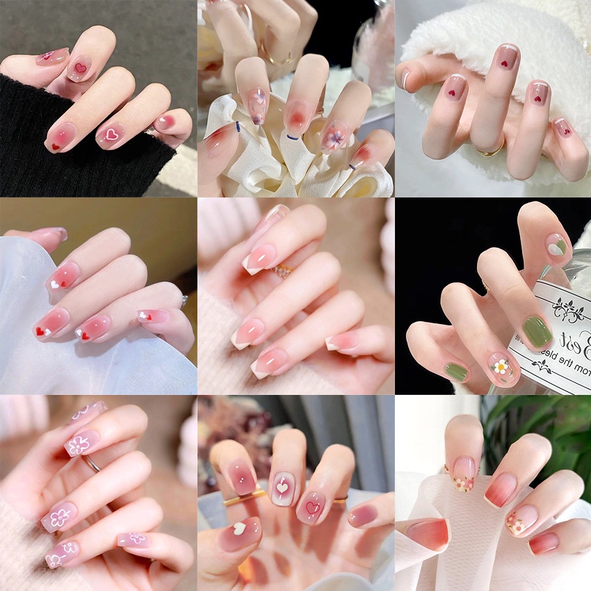 24pcs/box Glitter Pink Fake Nails Press on Nails Short Square Head ...
