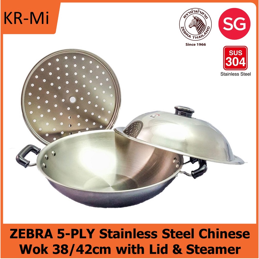 Zebra 5-PLY Stainless Steel Chinese Wok with Lid & Steamer 38/42cm ...