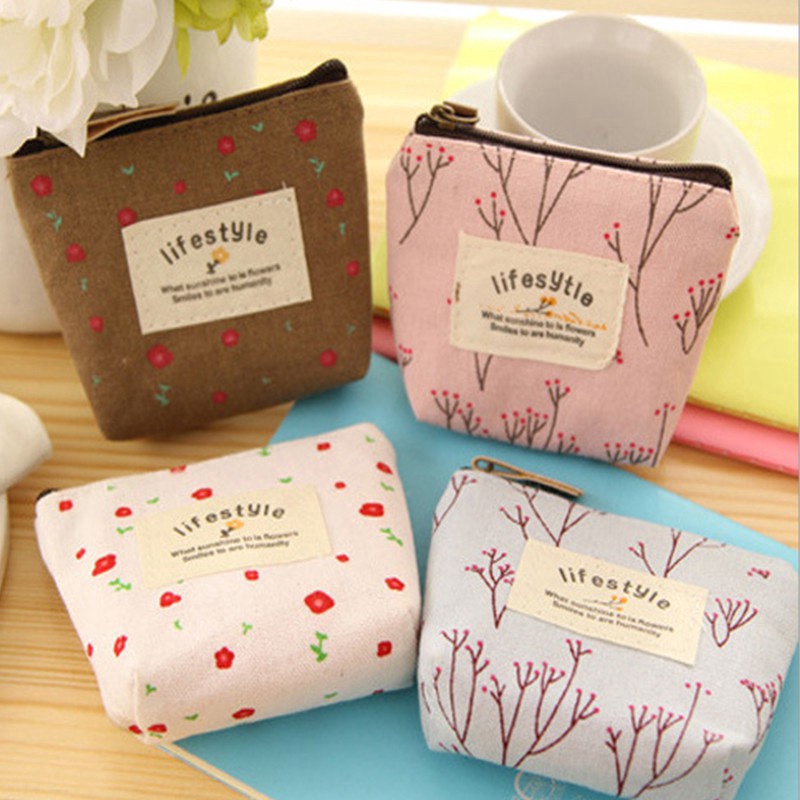[Ready Stock]Coin Pouches Mini Zip Purse Floral cartoon pattern Canvas ...