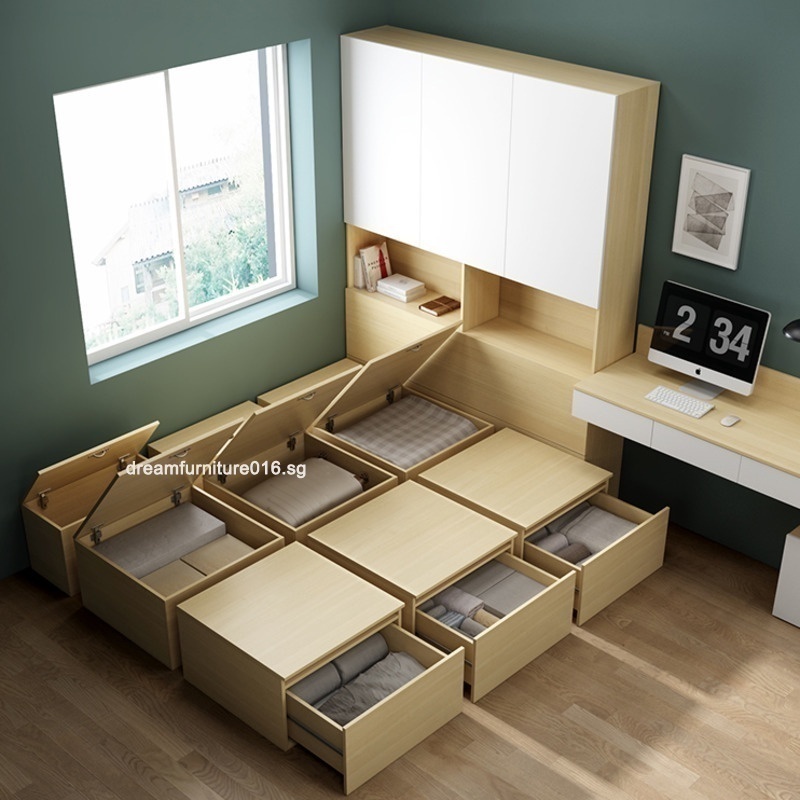 Small Family Tatami Bed Wardrobe Storage Cabinet Solid Wood Floor ...