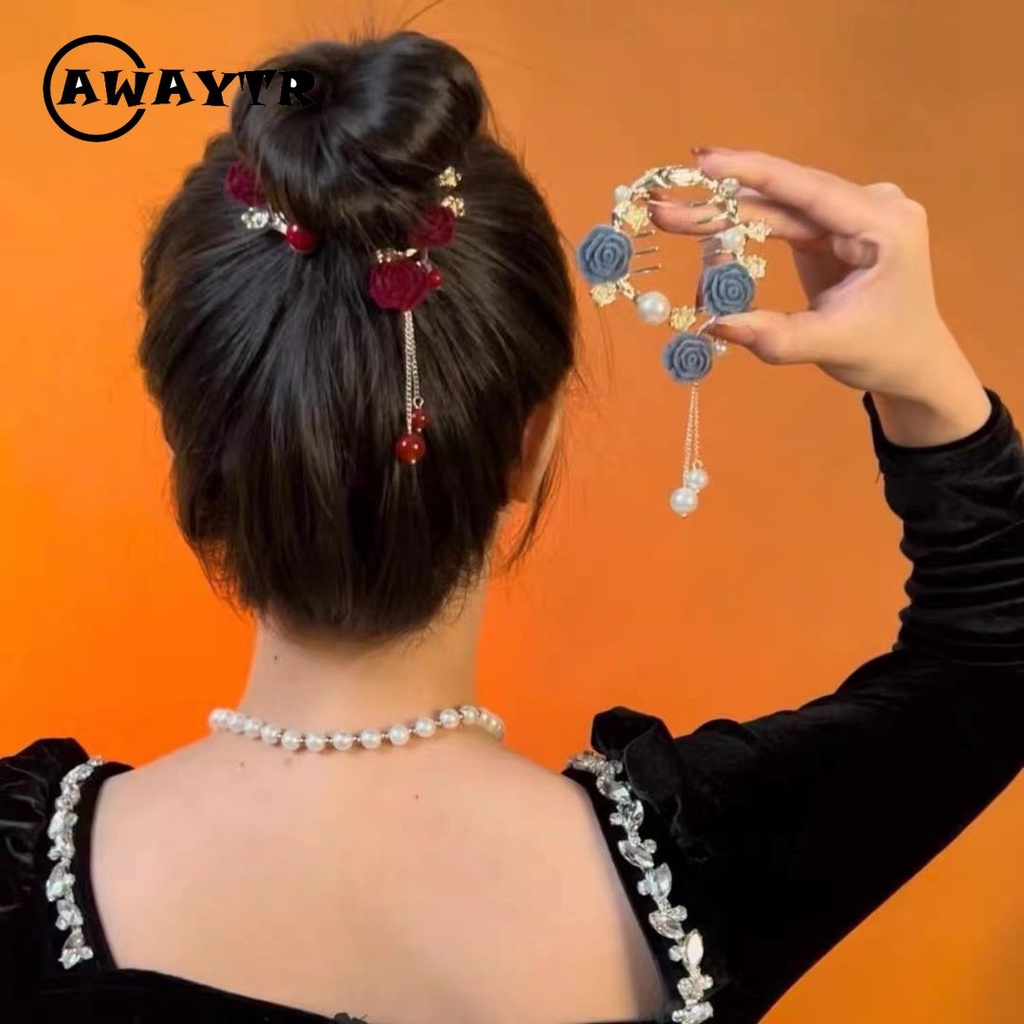 Awaytr Korean Metal Flower Rhinestone Hair Clip For Women Tassel Chian