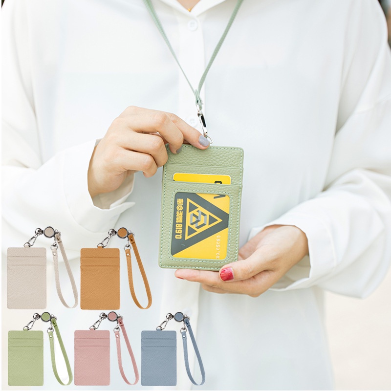 GENODERN Leather ID Card Holder Hanging Rope of Badge Reel Card Holder ...