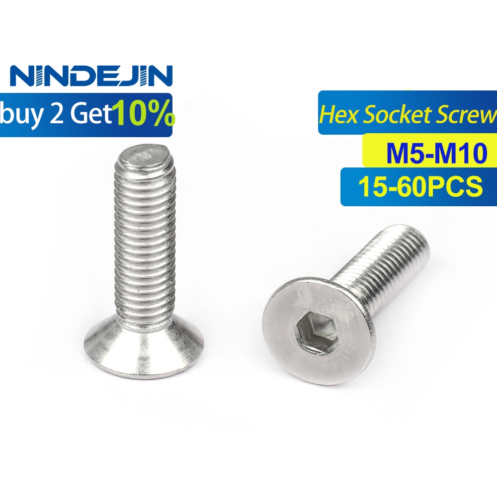 NINDEJIN 15-60pcs M5 M6 M8 M10 Stainless Steel Hexagon Hex Socket Countersunk Flat Head Screw ...