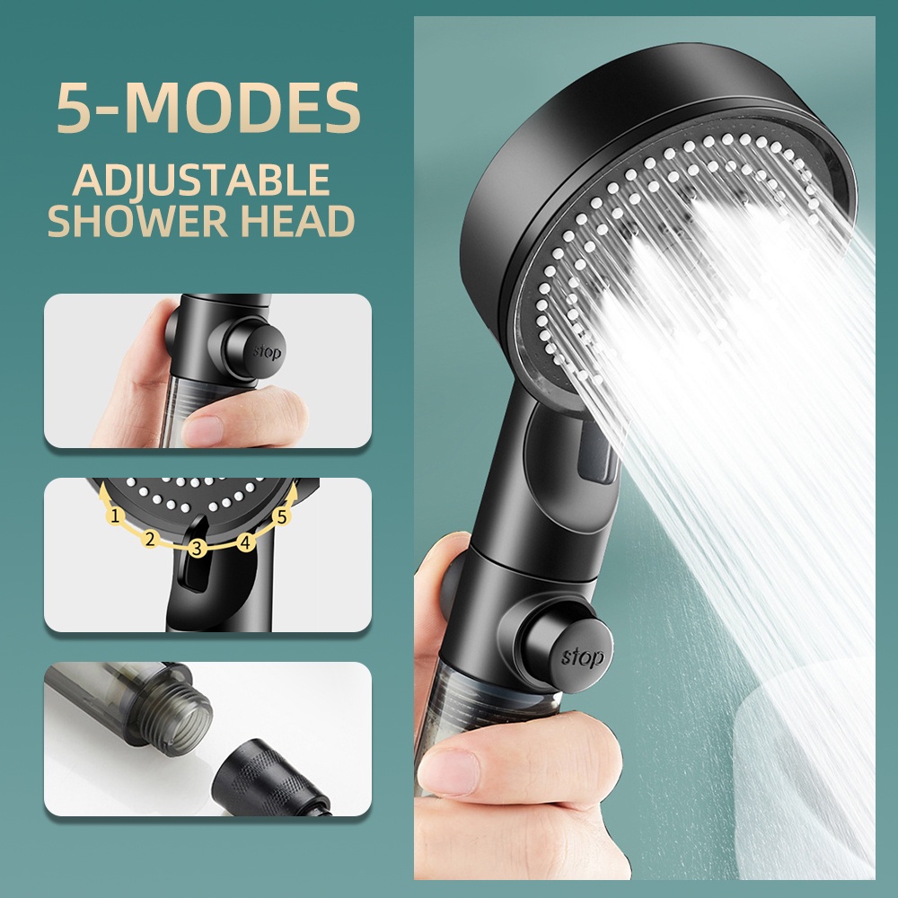 5 Modes Shower Head Adjustable High Pressure Water Saving Shower One ...