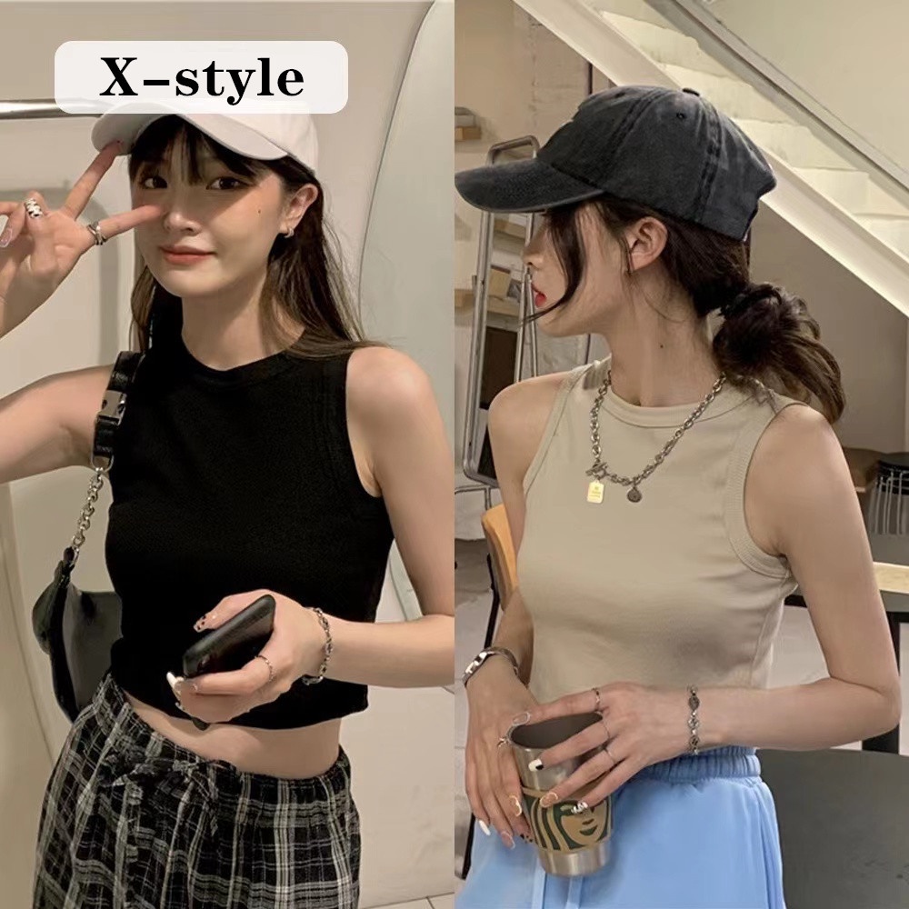 【X-style】4 Colors*Women Trendy Versatile Round Collar Short Tank Top ...
