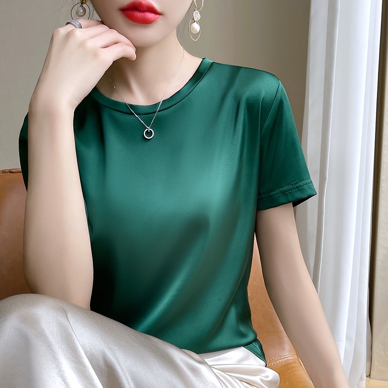 Women's Summer Classic Loose Short Sleeve Satin Blouses Casual Loose ...