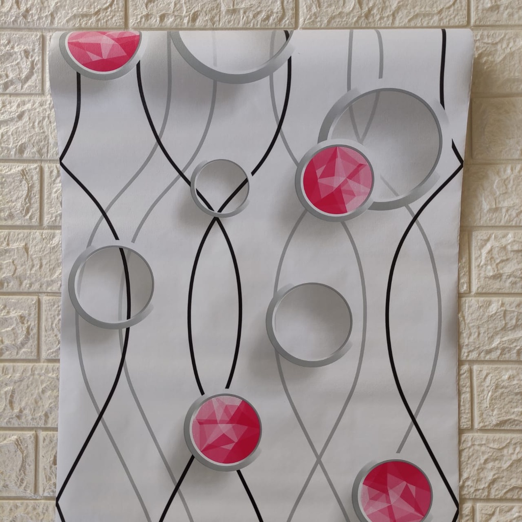MERAH WALLPAPER STICKER 45cm x 8 meters RED ROUND SPIRAL MOTIF READY ...