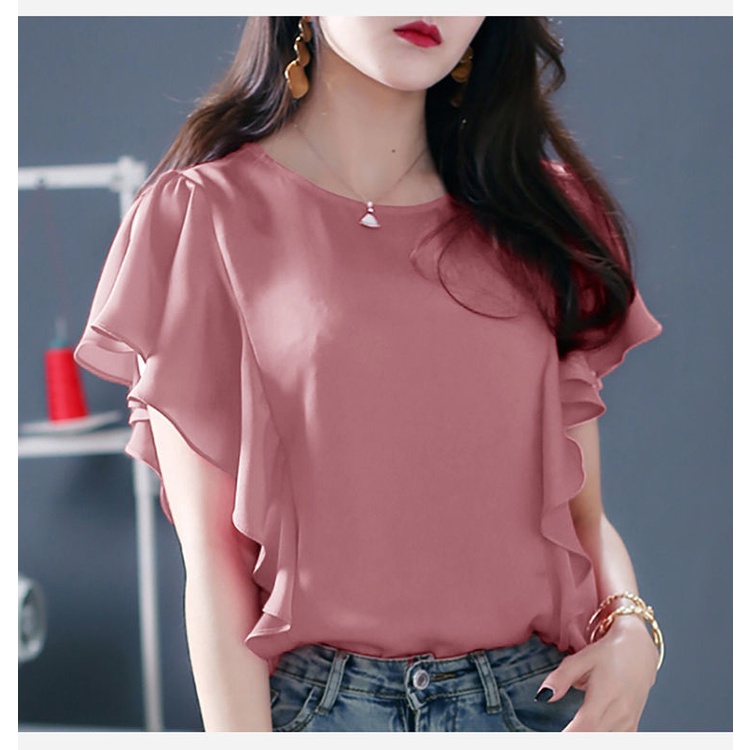 Blouses Ruffle Chiffon Shirts Women's Summer New Short Sleeve Large ...