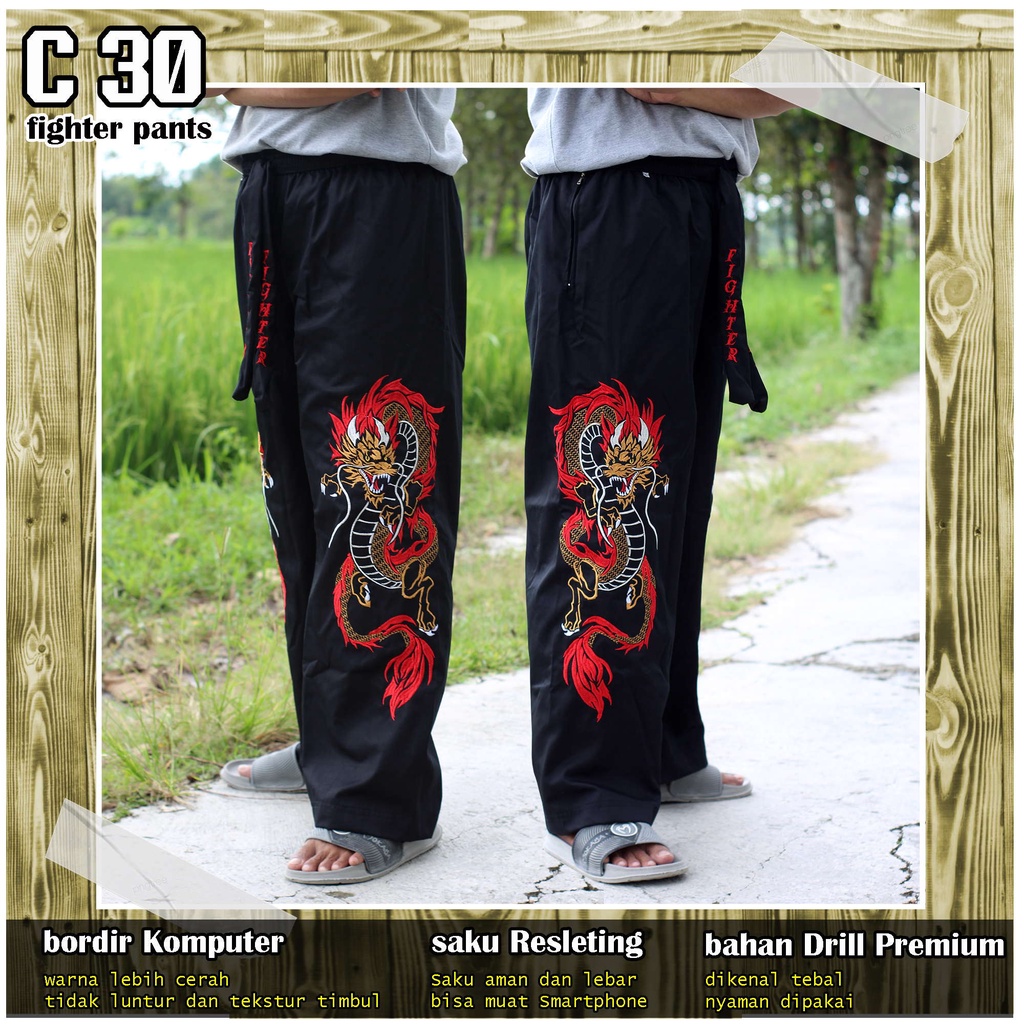Komprang PANTS EMBROIDERED 30 DRAGON TWINS MARTIAL FIGHTER PANGSI SILAT ...