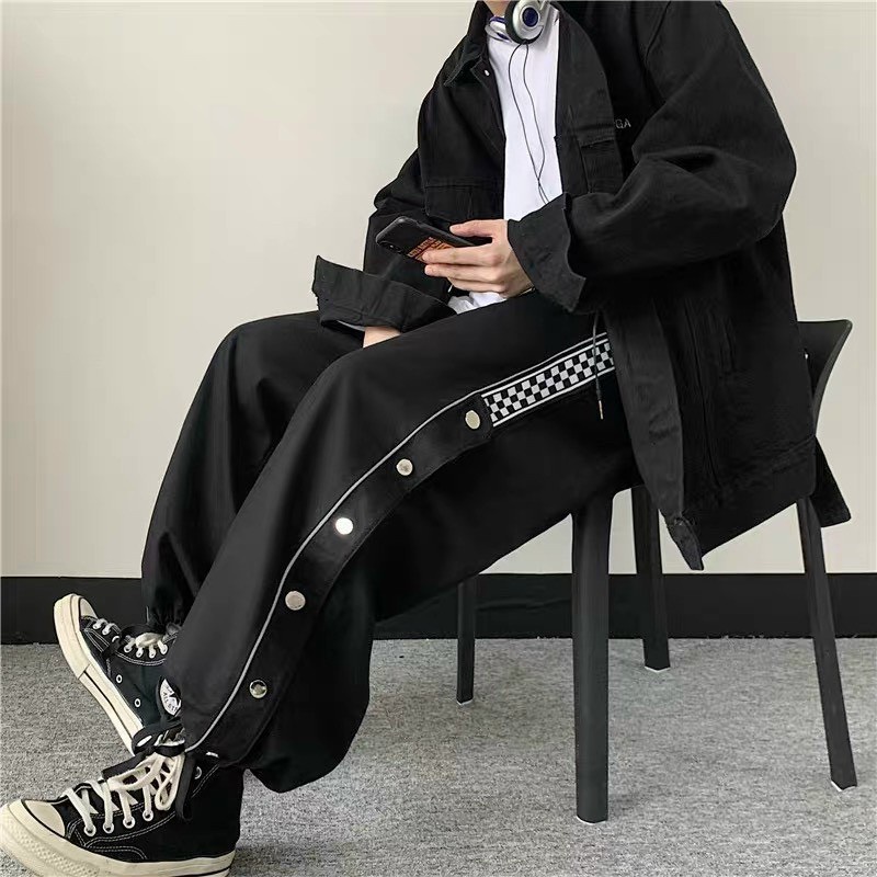 Wide-leg pants with buttons and plaid closure, button-down pants mixed ...