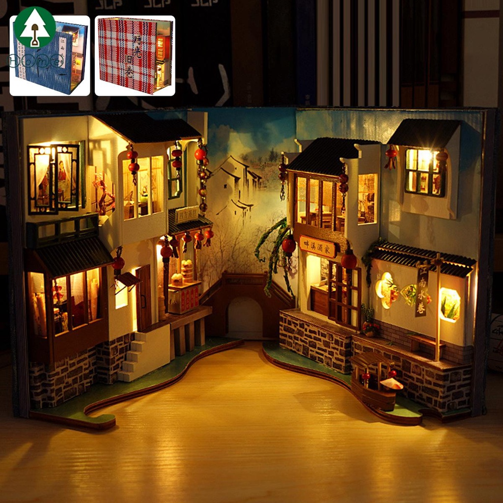 DIY Book Nook Kit 3D Wooden Book Stand Puzzle LED Glowing Book Nook ...