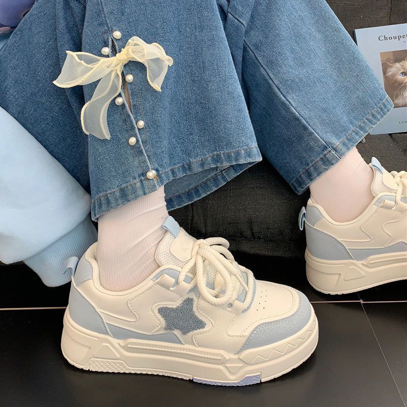 High-Value Pink Star Thick-Soled White Shoes Female Spring Campus Style ...