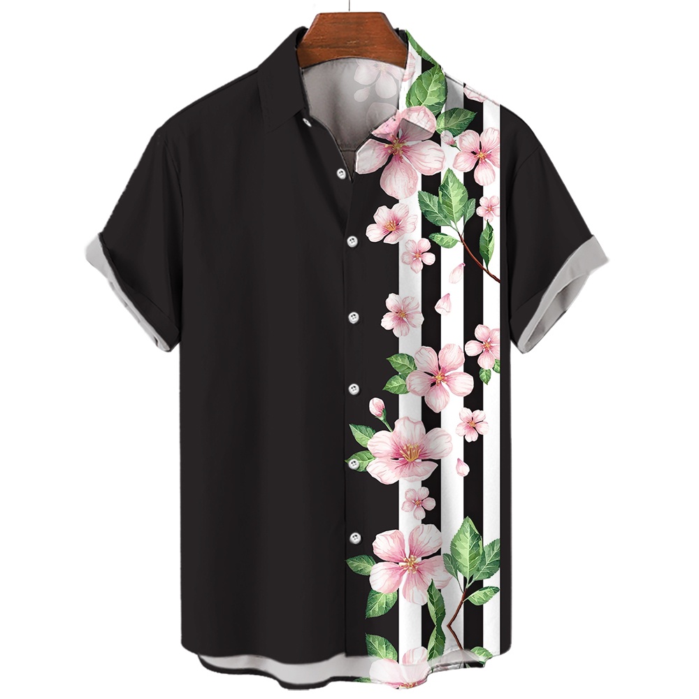 Floral Cherry Blossom Print polo Top Summer Fashion Men's Short Sleeve ...