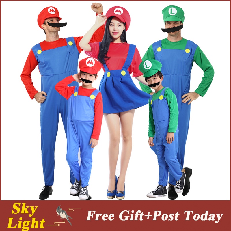 Super Mario Bros Cosplay Costume Set Adults Kids Clothes Jumpsuit with ...