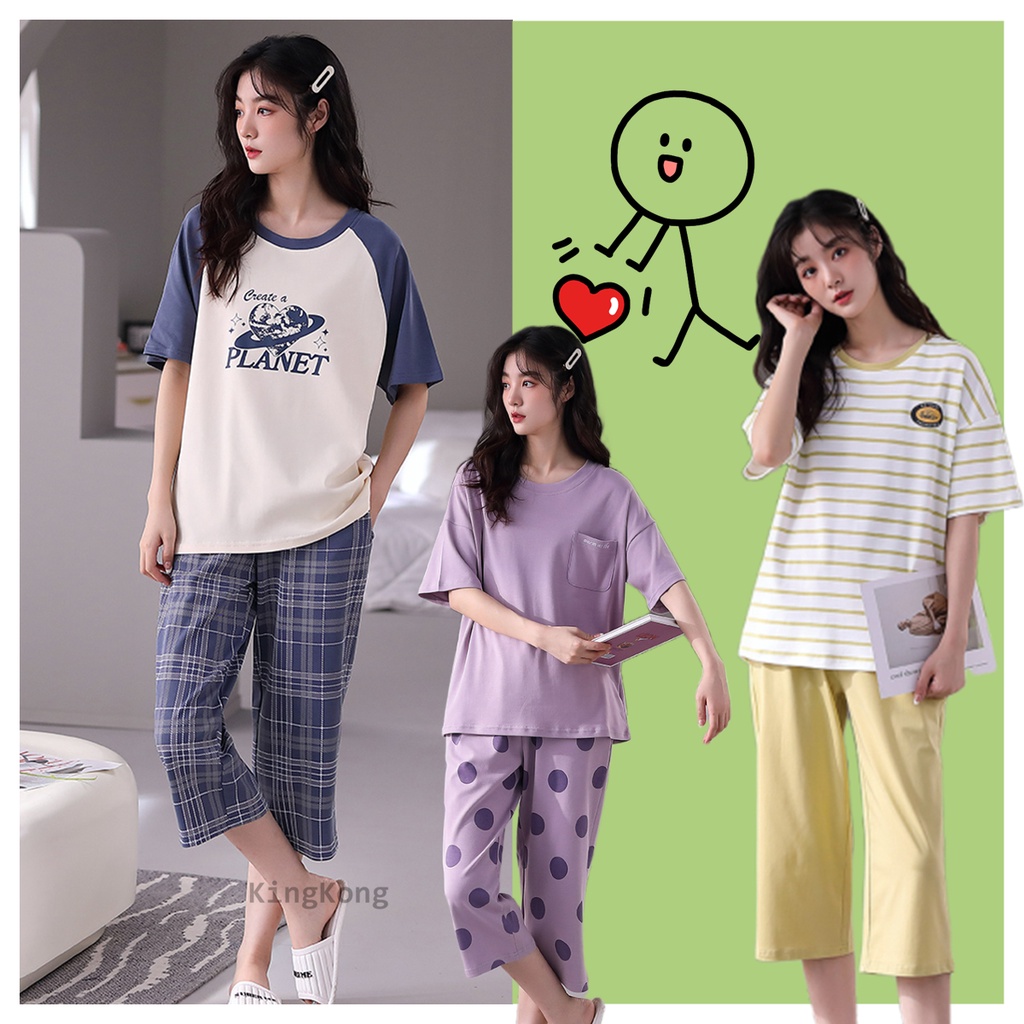Sleepwear Pyjamas Women Cotton Summer Short Sleeve 3 4 Length Pajamas