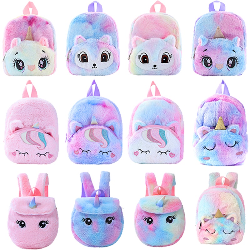 Rainbow fluffy unicorn backpack plush school rucksack zipper Boy bag ...