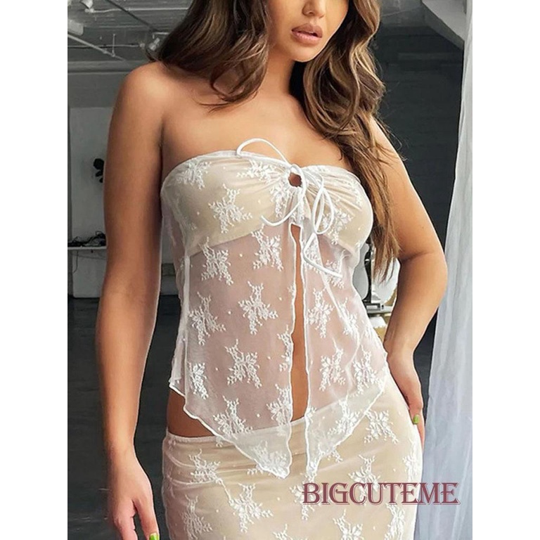 [] Women Lace Tube Tops Strapless Backless Lacing Patchwork See