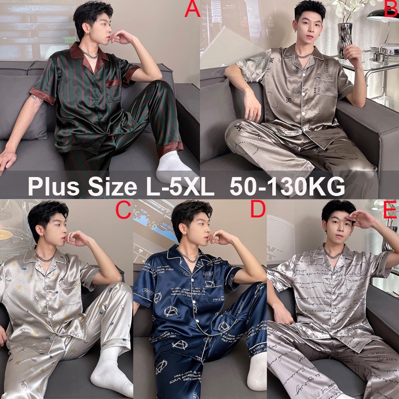 Korean Fashion Men Plus Size L-5XL Silk Satin Pyjamas Set Male Short Sleeve Loose Sleepwear ...