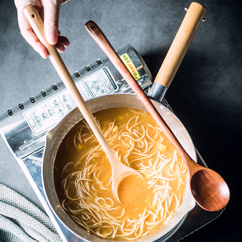 33cm Multi-purpose Spoon Wooden Natural Wood Long Handle Round Spoons ...