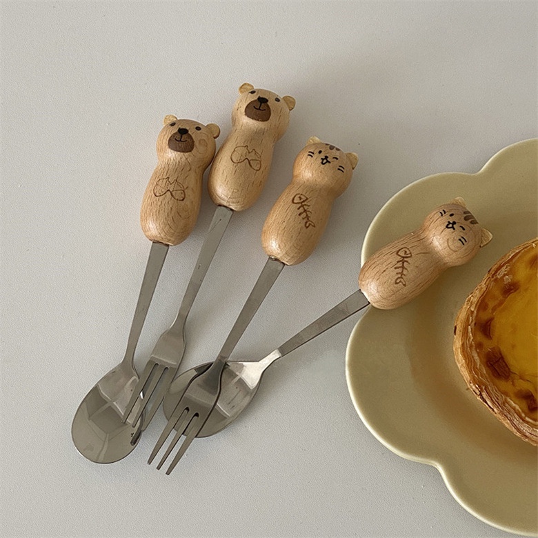 Cute Cartoon Log Handle Bear Cat Spoon Stainless Steel Tableware Fruit ...