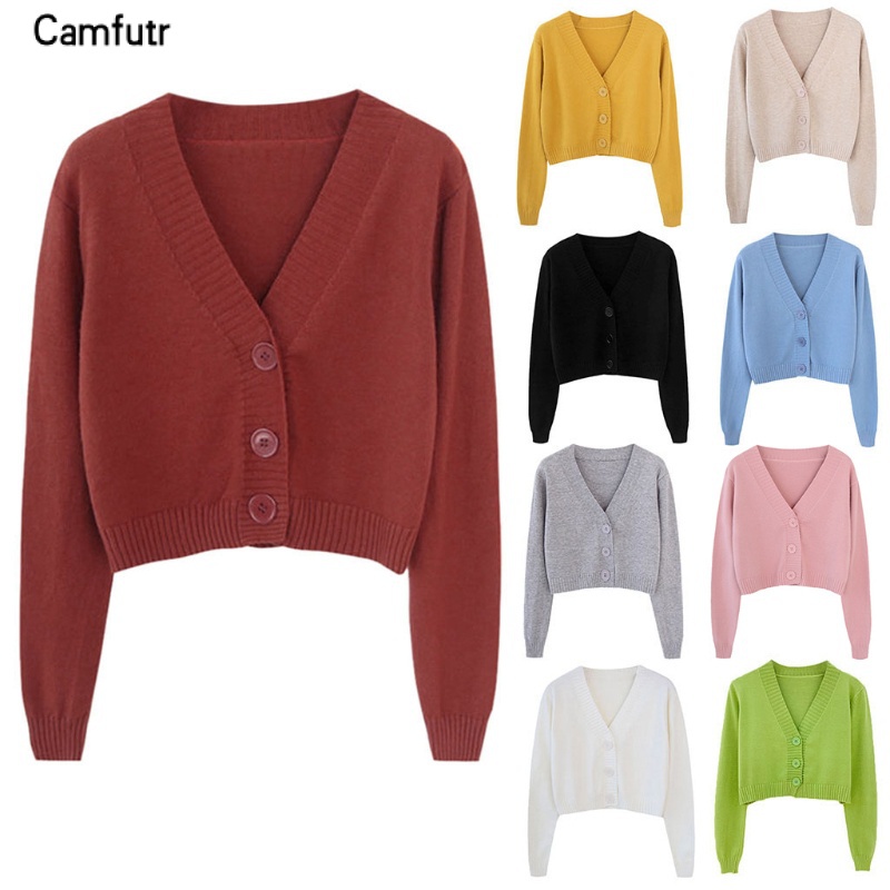 Women Autumn Long Sleeve Sweater Cardigan Sexy V-Neck Button Down Cropped Jacket Sweet Solid ...