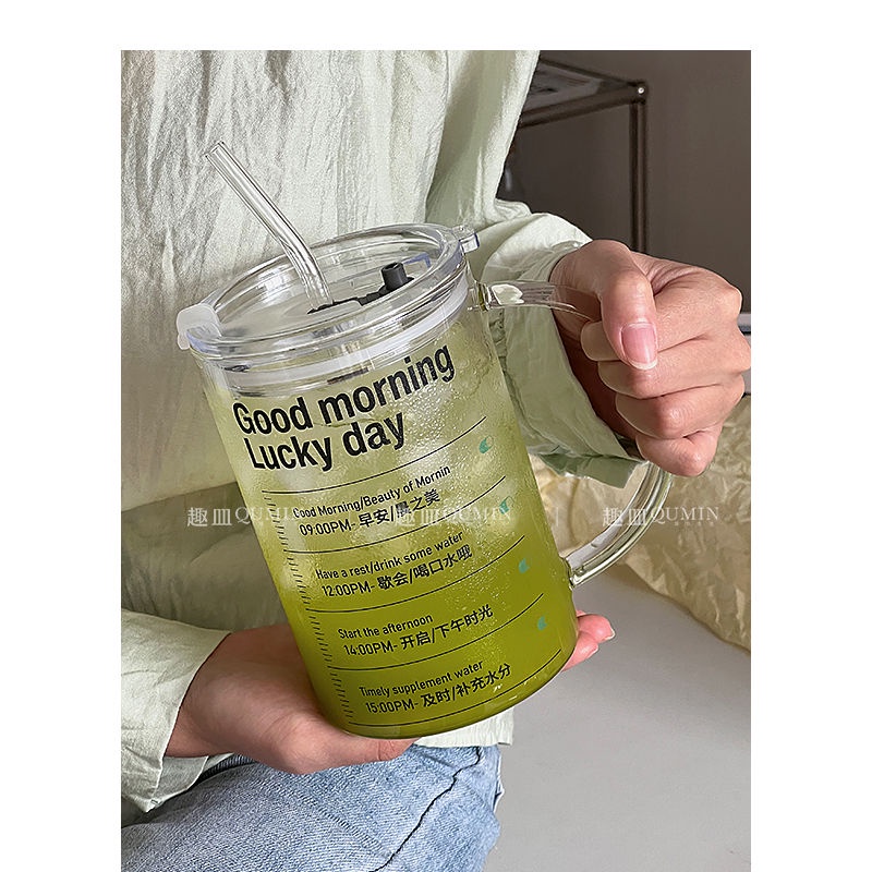 Large Capacity Scale Glass Straw Cup With Lid Office Creative Water ...