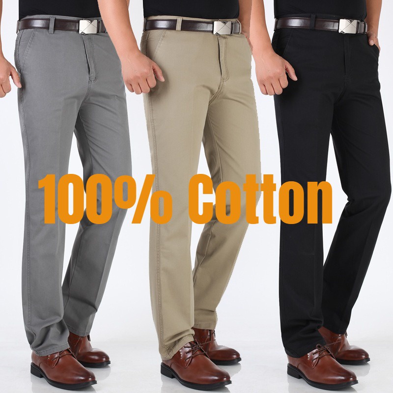 Men's 100% Cotton Straight Formal Pants Office Wear Long Trousers ...