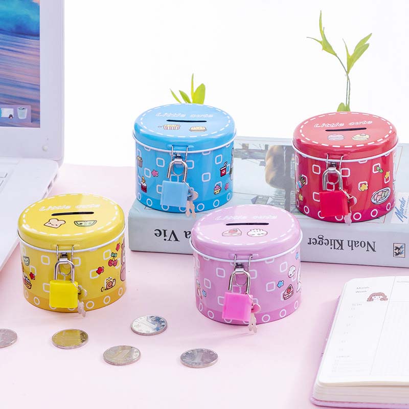 Metal Cylinder Piggy Bank Cartoon Lockable Piggy Bank for Children ...