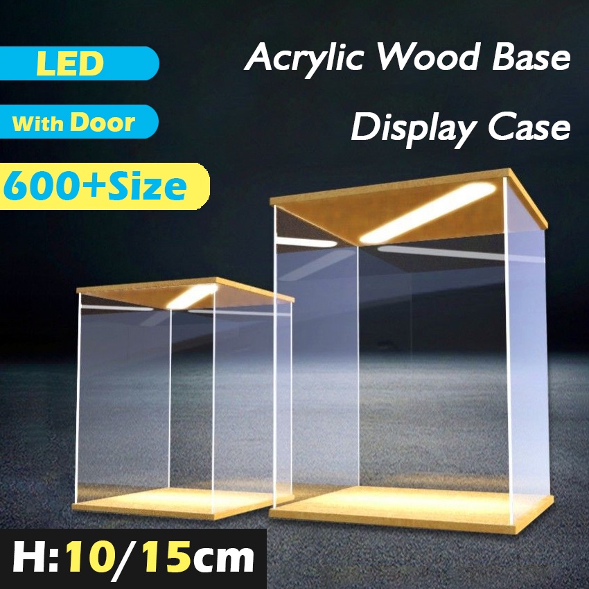 【H10/15cm】With LED Display Case Open-door & Stackable Solid Wood Base ...