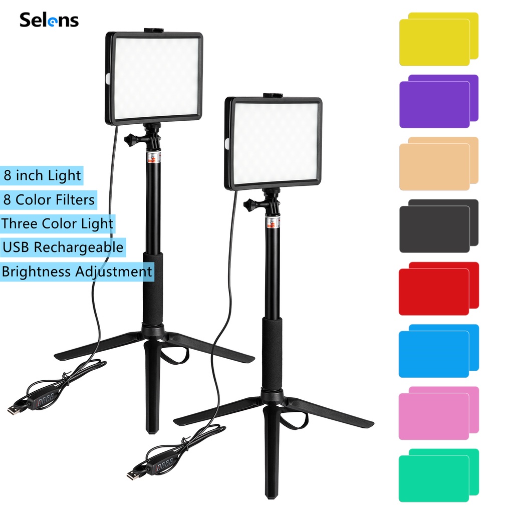 Selens LED Video Light 8 inch with Tripod Stand Dimmable Flat-panel Fill Lamp USB Square Light ...