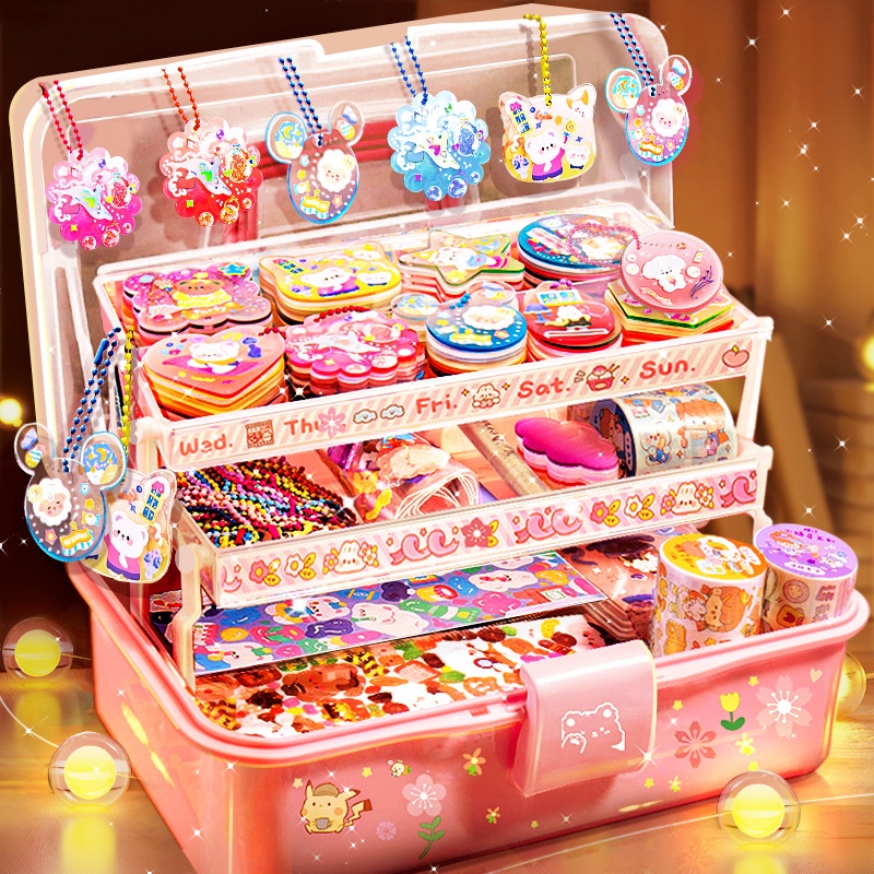 girl DIY Goo Card Set Three-layer Storage Box Hand Account Sticker Goo ...