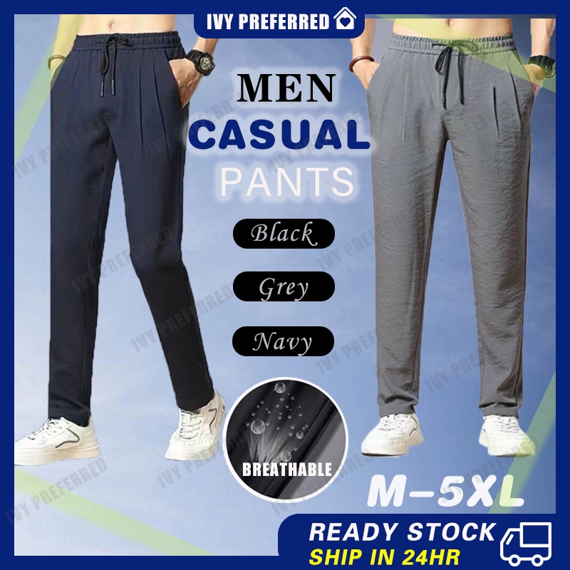 IVY 【M-5XL】Ice Silk Breathable Men's Casual Pants Quick Drying Straight Long Pants Loose Elastic ...