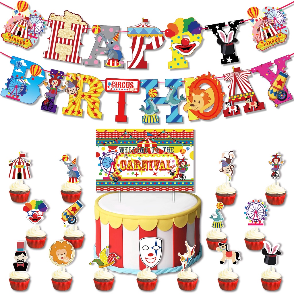 Circus Birthday Theme Party Banner Clown Circus Balloons Cake Topper ...