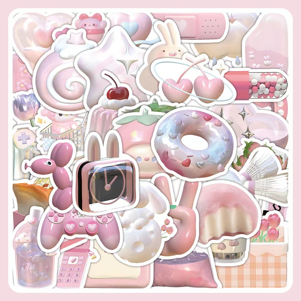 【60pcs】3D Pink Stickers Girl Heart Cute Sticker Laptop Phone Waterproof ...