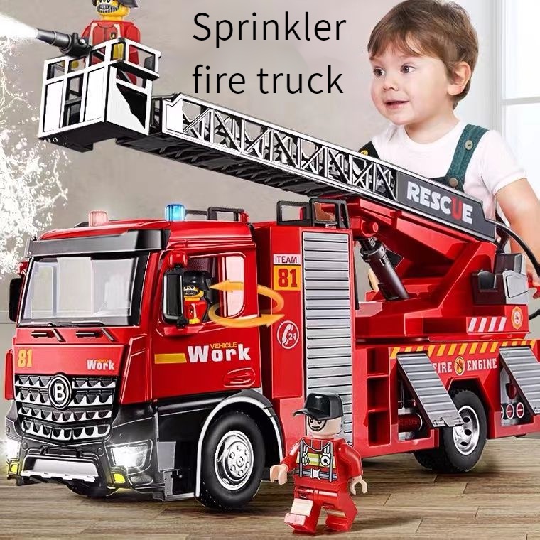 Large toy fire truck alloy spray ladder water tank sprinkler simulation ...