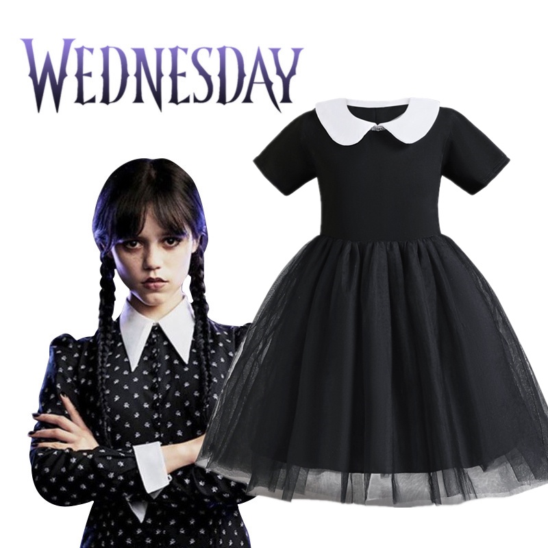 NNJXD Wednesday Addams Cosplay Dress for Girl Kids Movie Wednesday ...