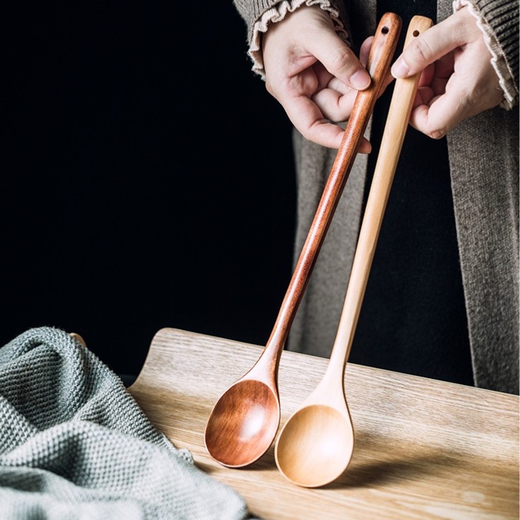 33cm Multi-purpose Spoon Wooden Natural Wood Long Handle Round Spoons ...